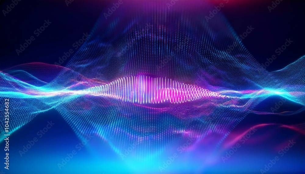 Psychedelic, neon-hued sinus wave with vibrant particles on a blue ...