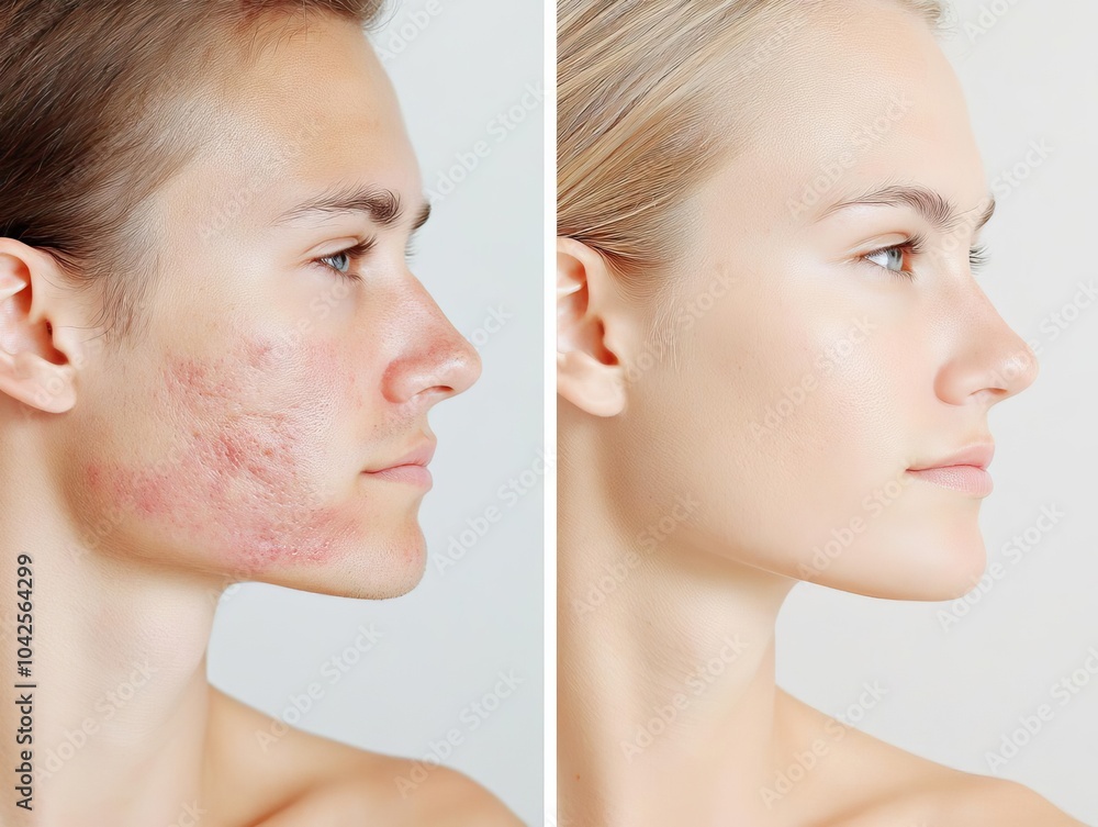 Before and after of a male s skin acne treatment, inflamed skin in the ...