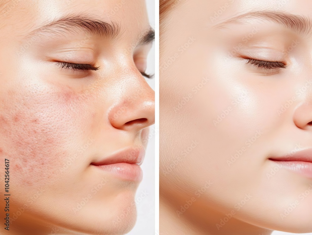 Before and after skincare, close-up of a teenager s face with acne ...