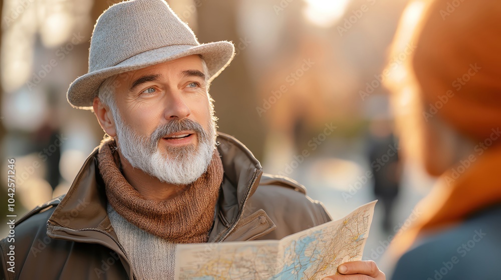 A guide holding up a map, explaining the layout of a historic city to ...