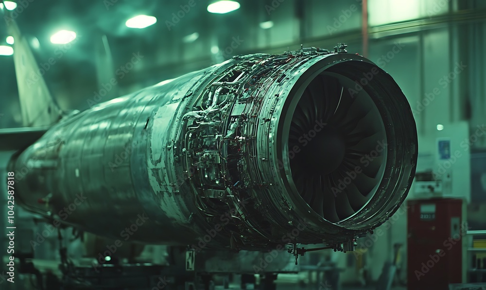 A close-up of a large jet engine, in a hangar. The engine is made of ...