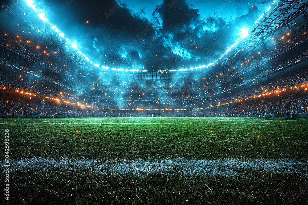 dynamic football field illuminated by bright stadium lights, surrounded ...