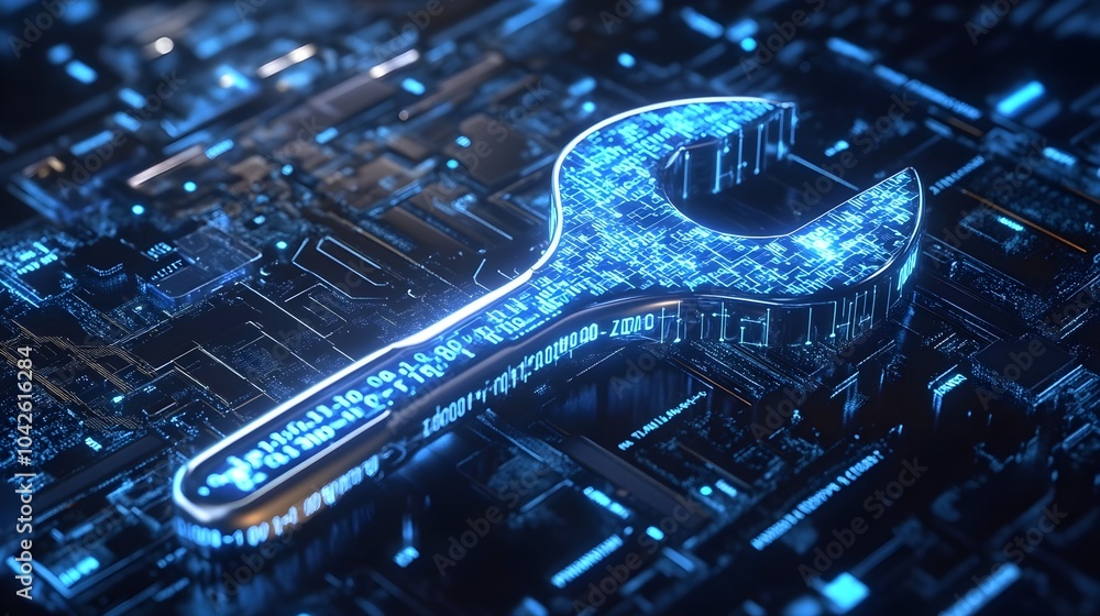 Blue digital wrench spanner with glowing binary code, AI in maintenance management systems ...