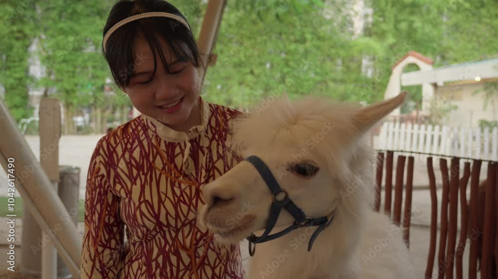 Happy Indonesian girl interacting with a friendly llama outdoorsHappy Indonesian Girl with llama ...