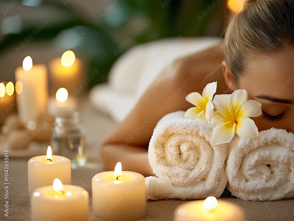 Relaxing spa ambiance female with closed eyes is lying face down on ...