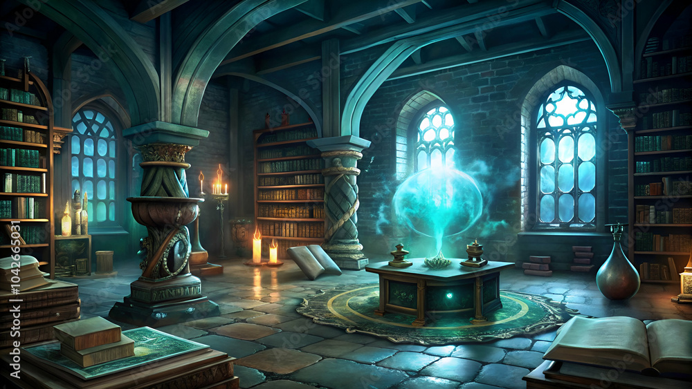 Step into a wizard’s library filled with glowing runes, ancient books ...