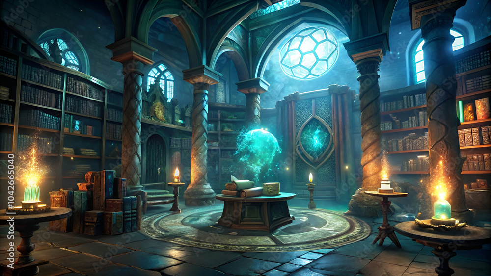 Step into a wizard’s library filled with glowing runes, ancient books ...