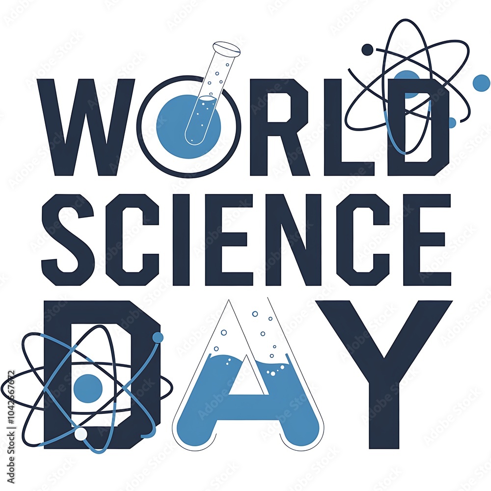 World Science Day Illustrated with Atoms and Flasks Stock Illustration ...