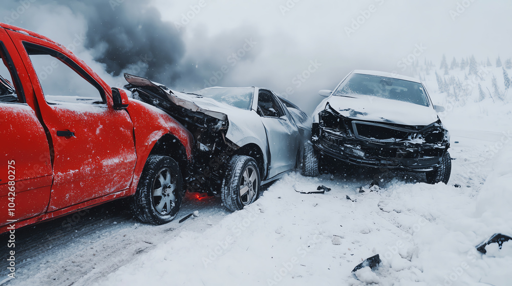 Collided vehicles in a snowy landscape, smoke rising from the damaged ...