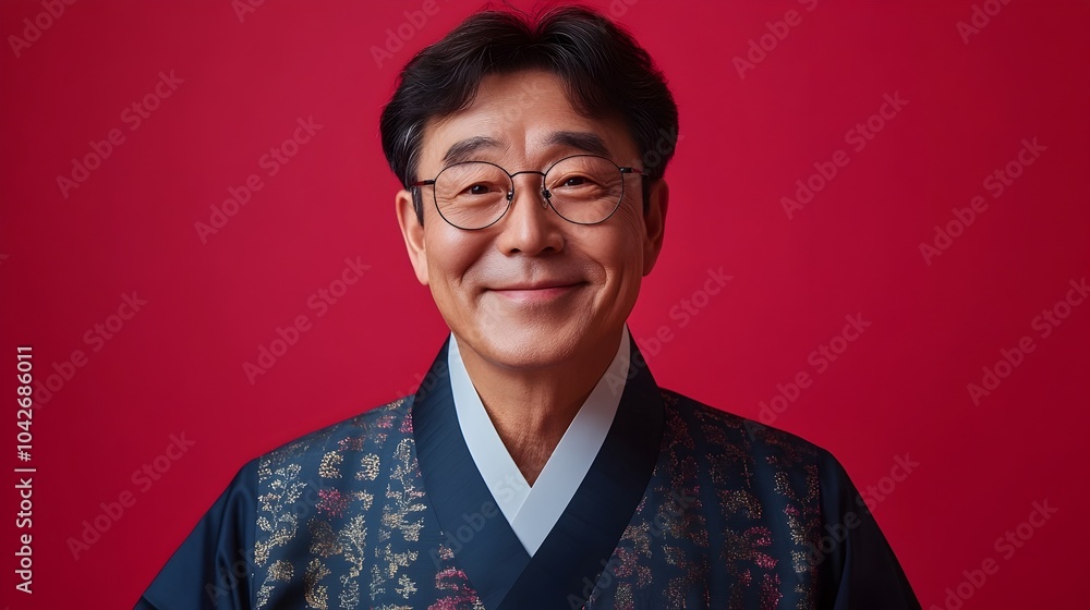 Portrait of a middle aged Korean man wearing a traditional hanbok ...