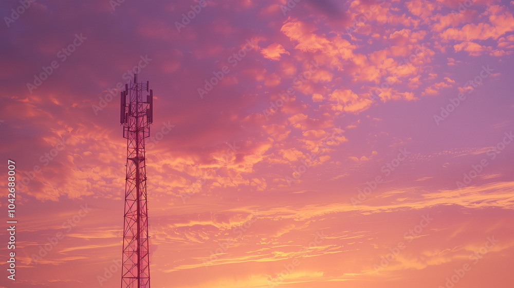Telecommunication cell tower against a vibrant sunset sky, symbolizing ...