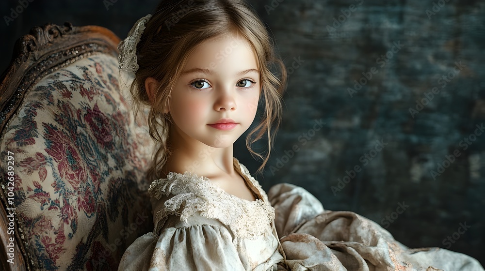 Foto De Curious And Captivating Preteen Girl Poses In Victorian Era