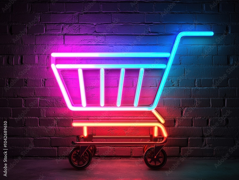 A vibrant, neon shopping cart against a textured brick wall, showcasing ...