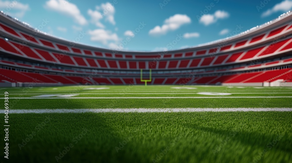Vibrant football stadium with green grass field and red seating under a ...