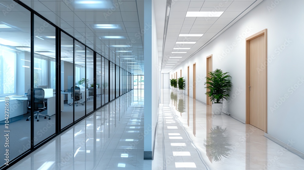Modern office corridor with glass walls, doors, and plants, bright and ...