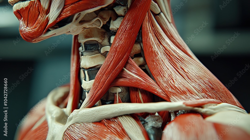 the anatomy of the trapezius muscles in closeup, showcasing their broad ...