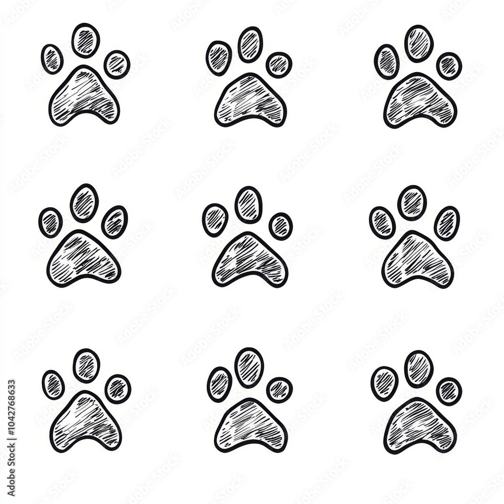 Nine hand-drawn paw prints in a repeating pattern on a white background ...