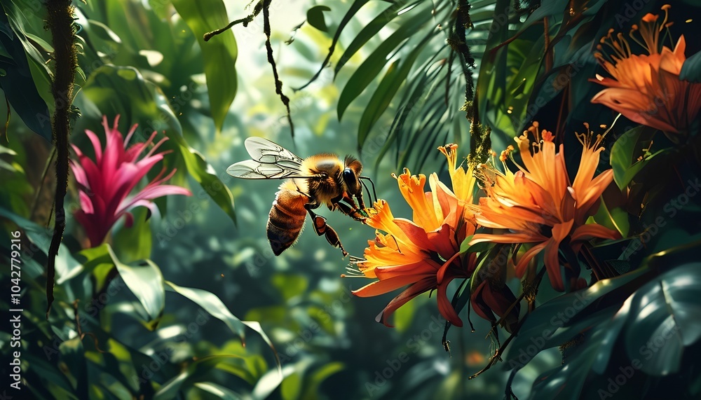 The intricate dance of nature a honeybee pollinates vibrant tropical ...