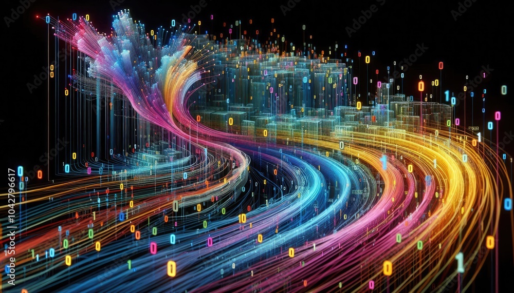 Data Flow Visualization: Converging Streams of Binary Code Representing Machine Learning, Neural ...