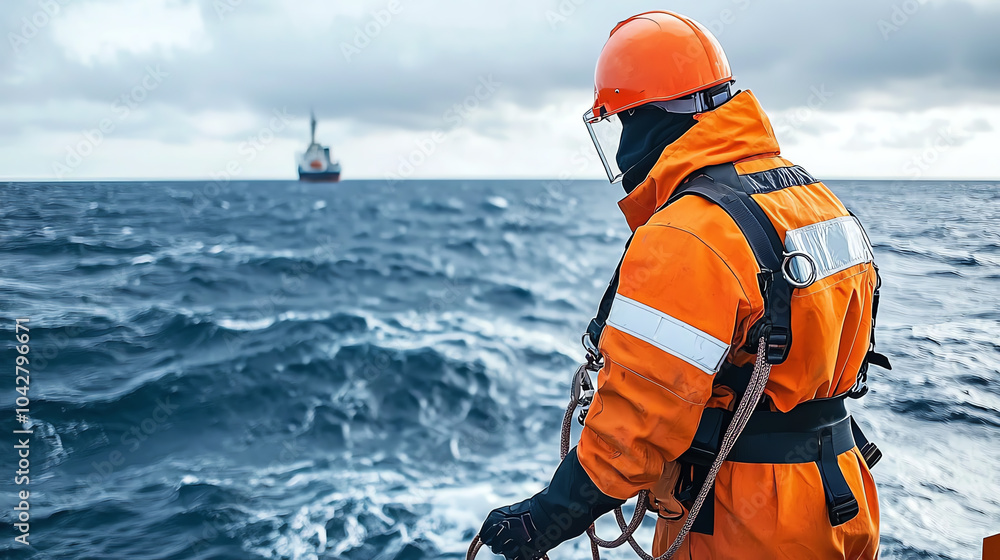 Technician descending offshore platform using ropes in rough seas a ...