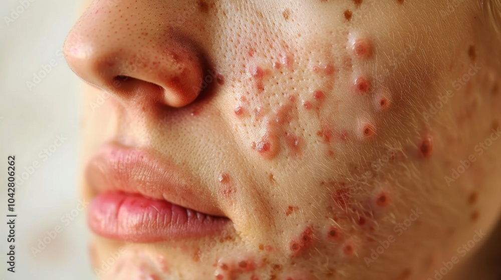 Scarred Skin: Characterized by visible marks or indentations from acne ...