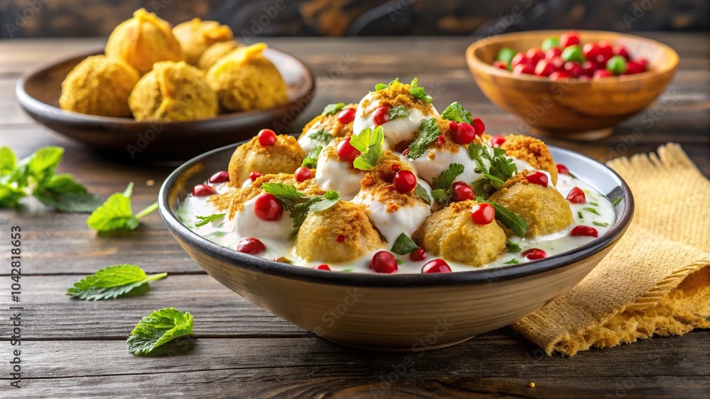 Famous Indian Dahi vada or dahi bhalla chaat served with papdi and sev ...