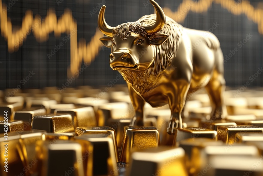 Golden bull standing on gold bars with stock market chart background ...