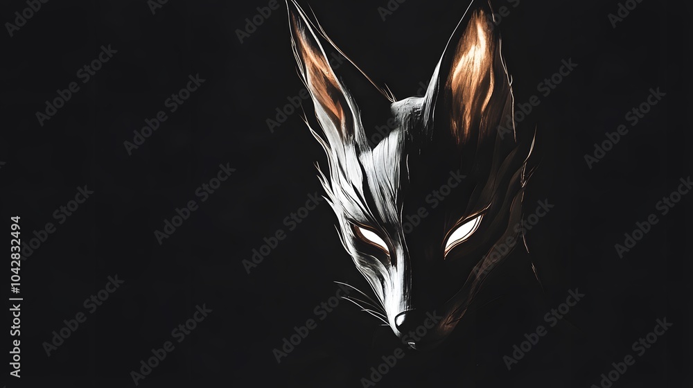 Shadows of the fox mask are distorted across the black background ...