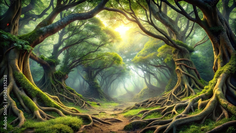 Enchanted forest trees with twisted roots and branches viewed from low ...