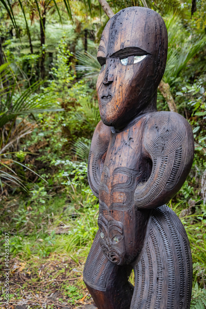 Maori Carving on the Kauri Cascades trail in the Waitakere Ranges, New ...