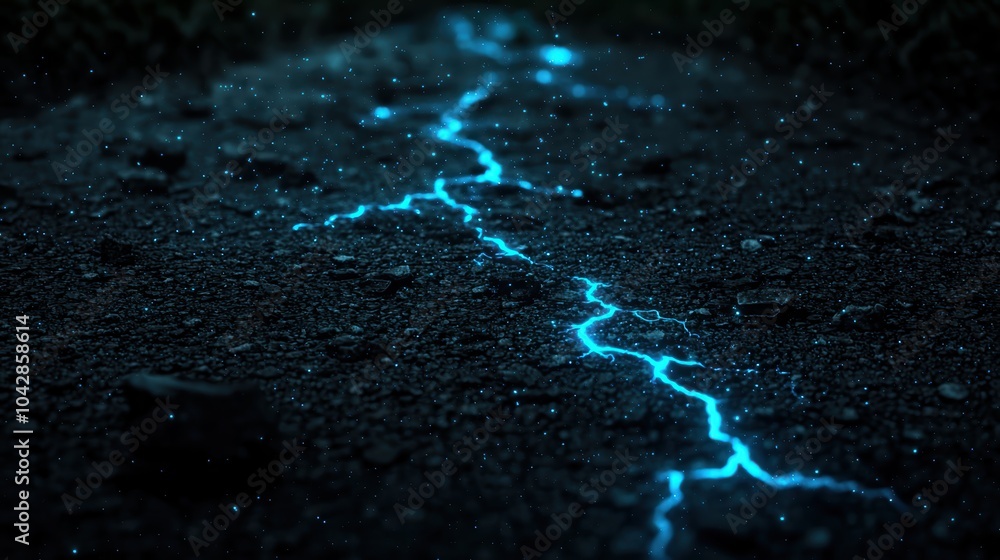 A glowing blue crack in a dark surface, resembling lightning, creates a ...