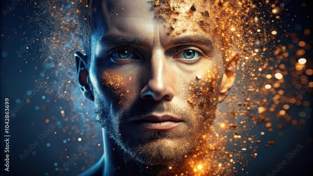 A human face composed of glowing electric particles, with sections ...