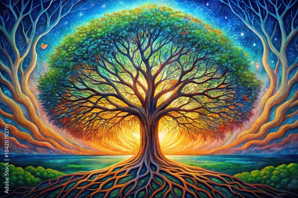 Forced perspective acrylic painting of tree of life on canvas polyptych ...