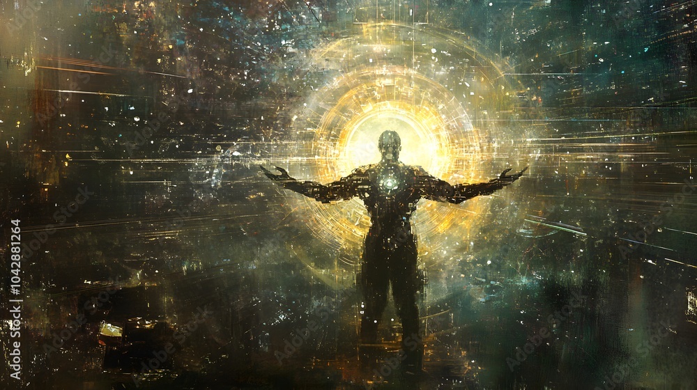 The being is a fusion of visible biomechanical components and ...