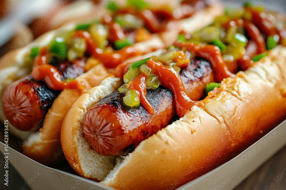 A Close-Up Of A Classic Baseball Game Snack: A Steaming Hot Dog Loaded ...