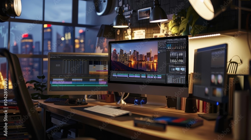 Video editing workspace. A desktop setup with multiple monitors showing ...