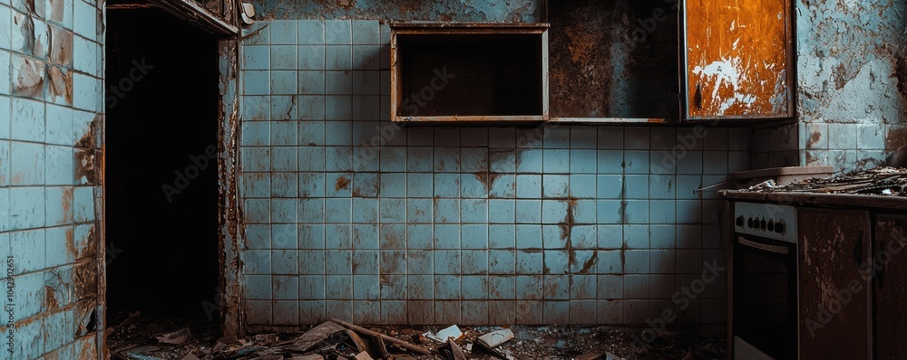Burned-down kitchen with smoke-stained cabinets and debris, evoking ...