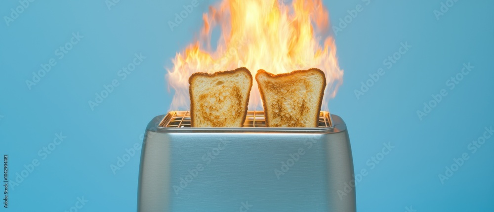 Flaming toaster with crispy toast, set against a blue backdrop ...