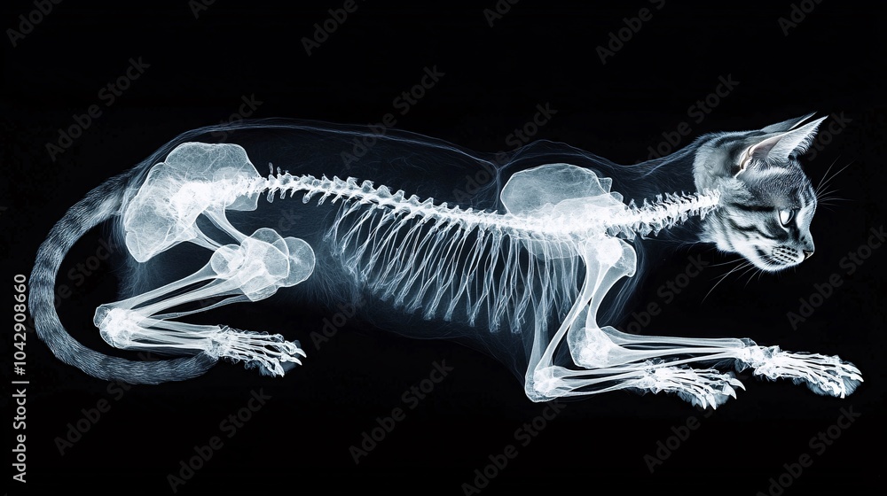 2410 64.Veterinary X-ray of a cat, emphasizing the skeletal system, with clear imaging of the ...