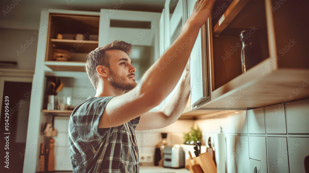Young handyman installs kitchen cabinet in a stylish home interior ...