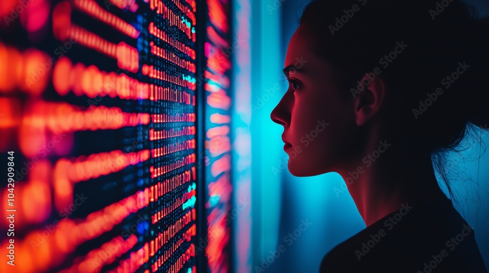 Side profile of a hacker surrounded by neonlit screens, their face ...