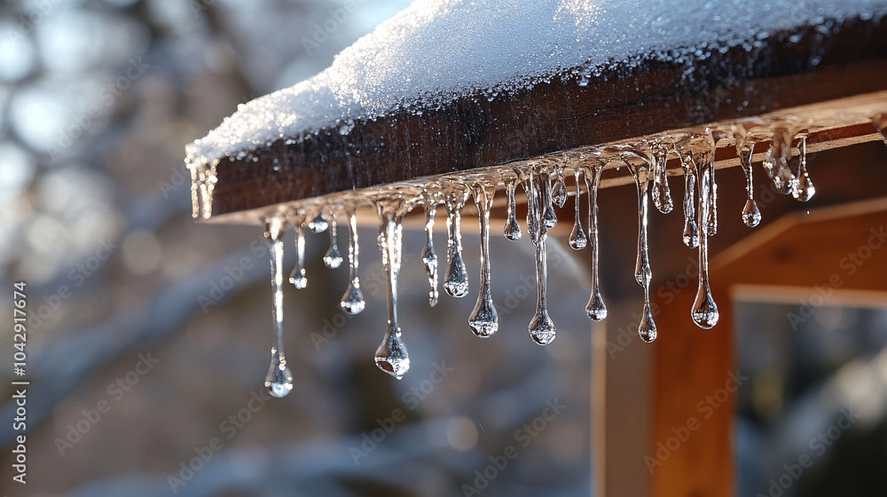 2410 74.A steady stream of water dripping from the roof, each droplet ...
