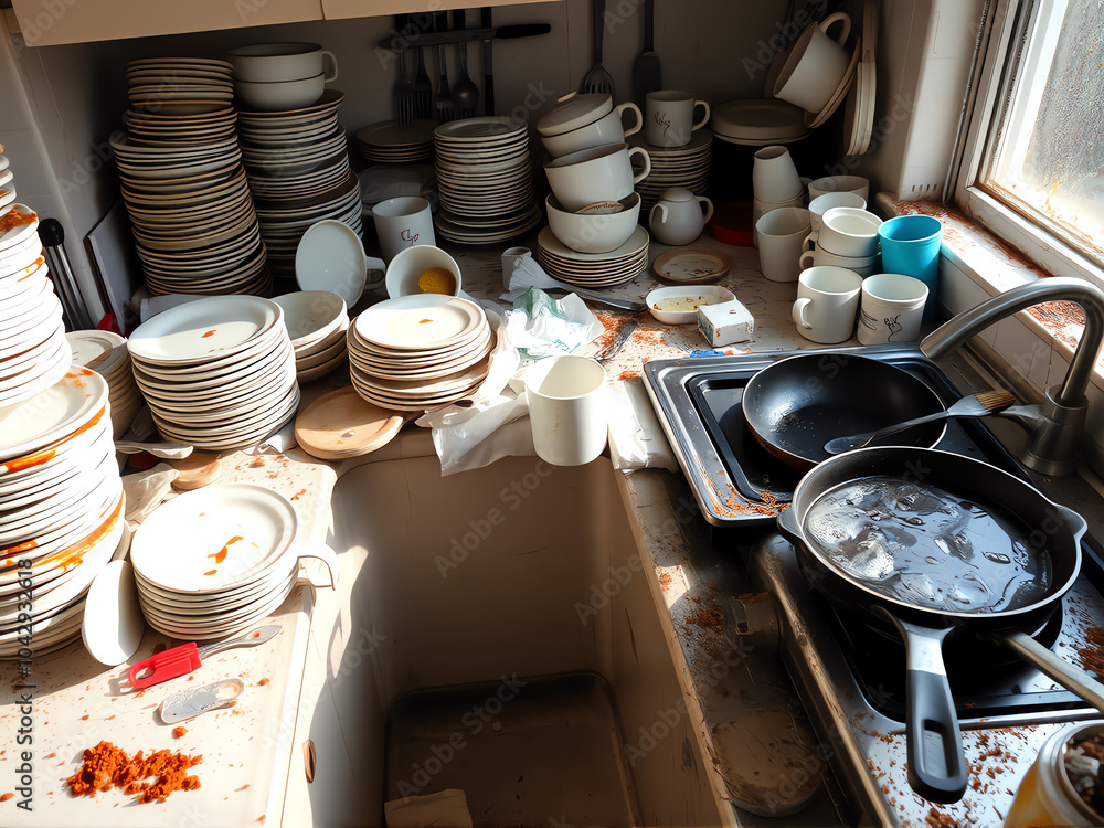 Cluttered kitchen featuring a dirty stove and a sink, highlighting ...