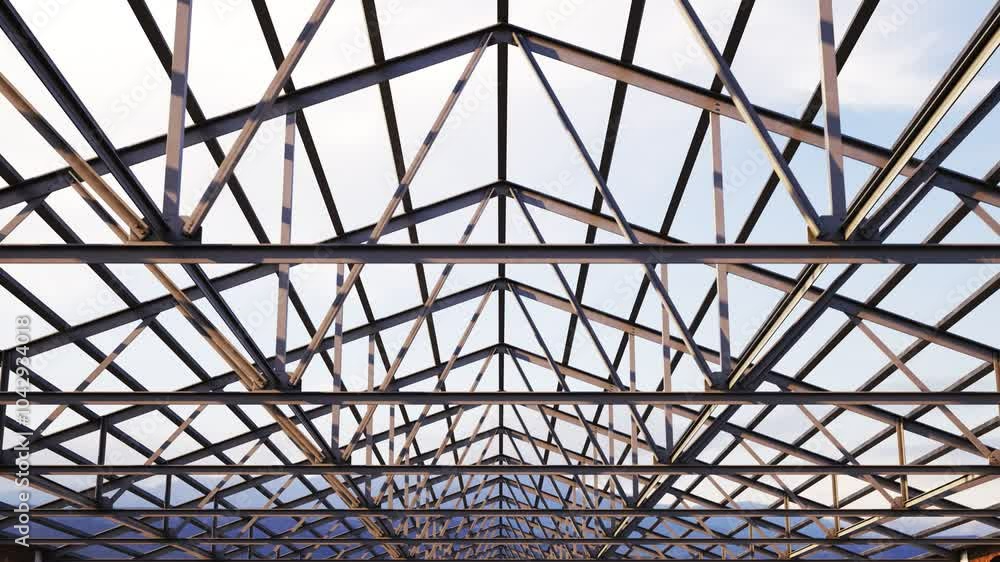 Camera Moving Along The Loopable Steel Roof Truss On A Cloudy Sky ...