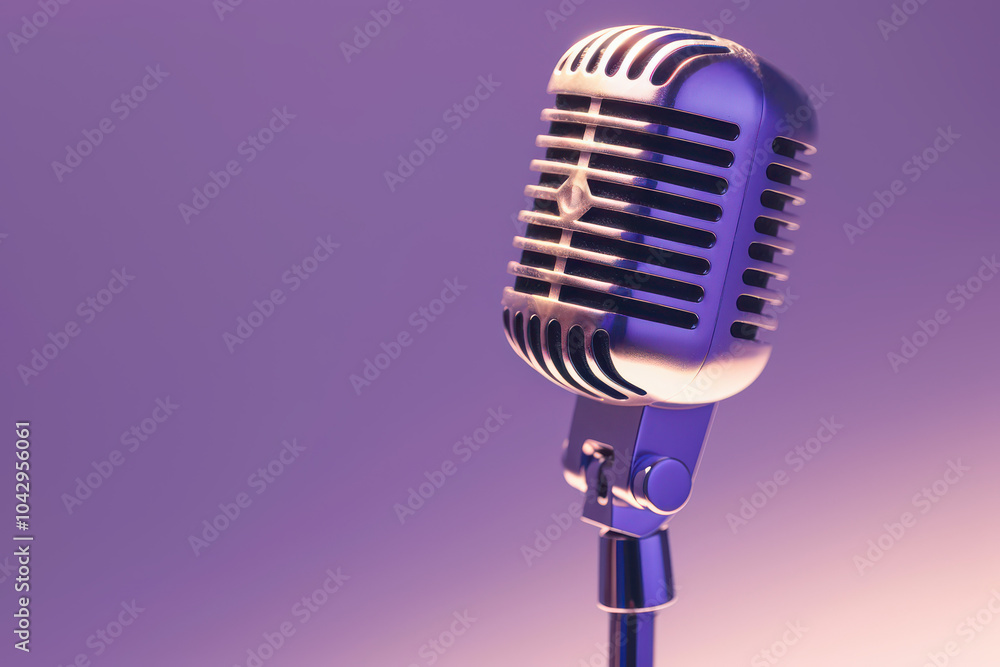 Vintage Microphone on Purple Background: A classic, silver microphone ...