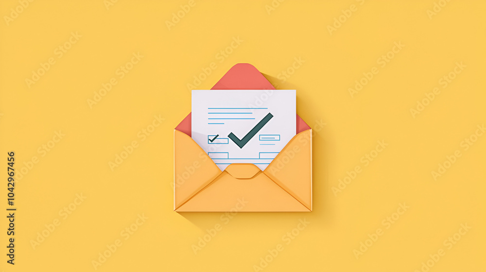 Confirmed document or email in an envelope with a check mark. Approved ...