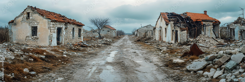 A Desolate Street Lined with Ruined Houses in a War-Torn Town, with a ...