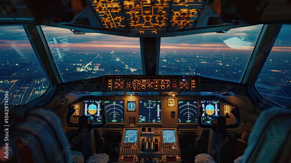 Illuminated airplane cockpit at night, showing detailed controls and instruments. Aviation ...