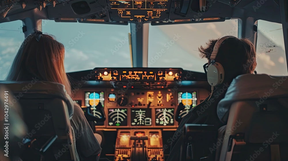 Cockpit view with pilots preparing for takeoff. Aviation, technology ...