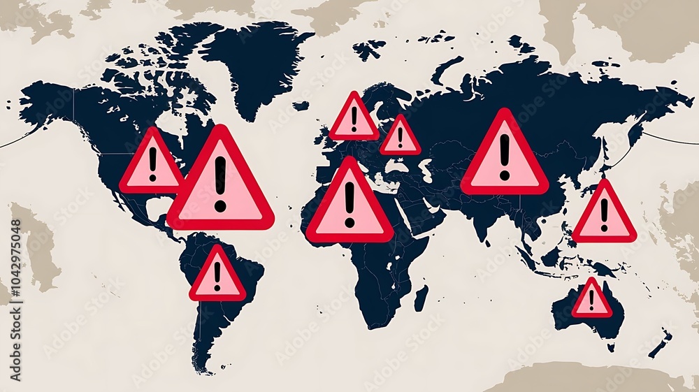 Global Alert: A world map with warning symbols scattered across ...